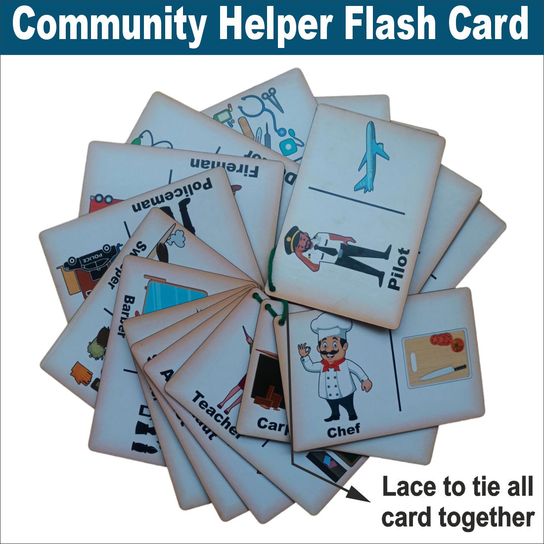 Wooden (MDF) Community helpers Learning Flash card with lacing thread ...