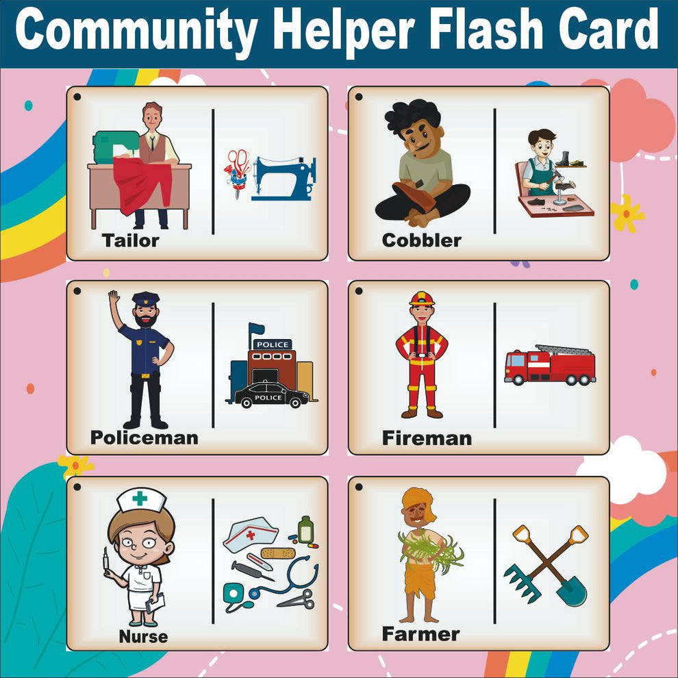 Wooden (MDF) Community helpers Learning Flash card with lacing thread ...
