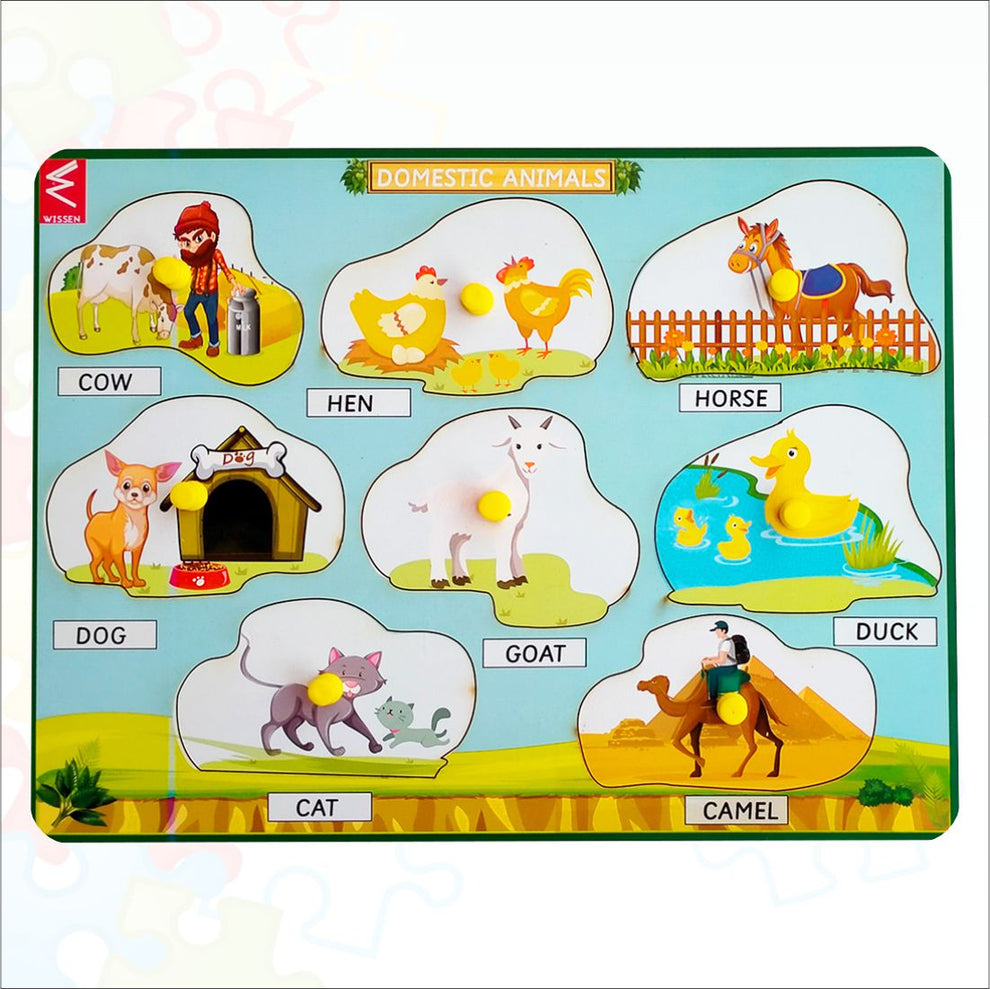 Wooden Domestic Animals Learning Peg Board Puzzle 12*9 inch – WissenProduct